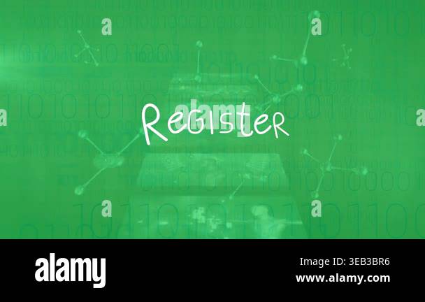 Animation of register text banner and molecular structures over screens ...