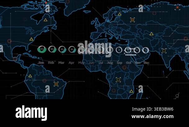 Animation of graphs, world map and icons on black background. Finance ...