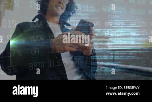 Animation of financial data and code over man using smartphone. economy ...