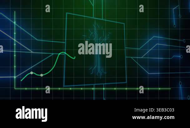 Time axes appearing, animated data curve entering central module ...