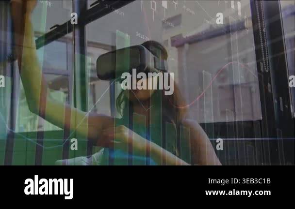 Animation of financial data processing over businessman using vr ...