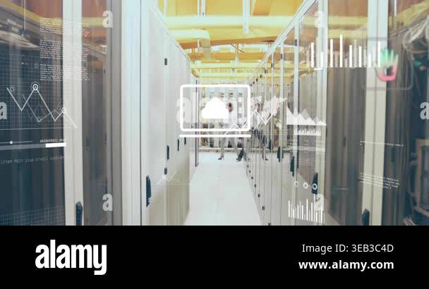 Animation of diagrams and ecology icons over diverse workers walking in ...