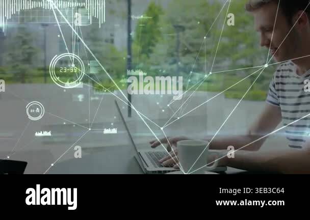 Animation of networks of connections over caucasian man using laptop ...