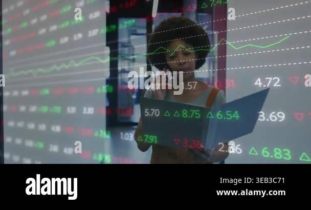 Analyzing stock market data, businesswoman using graphs and numbers in ...