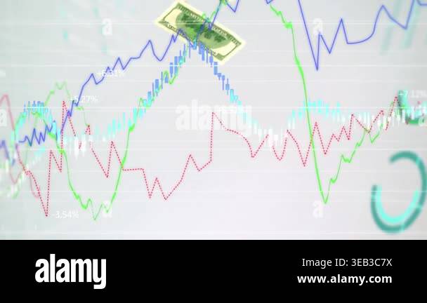 Animation of financial data processing over american dollar bills ...