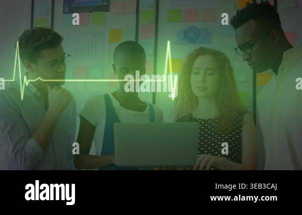 Animation of cardiograph over diverse business people using laptop ...