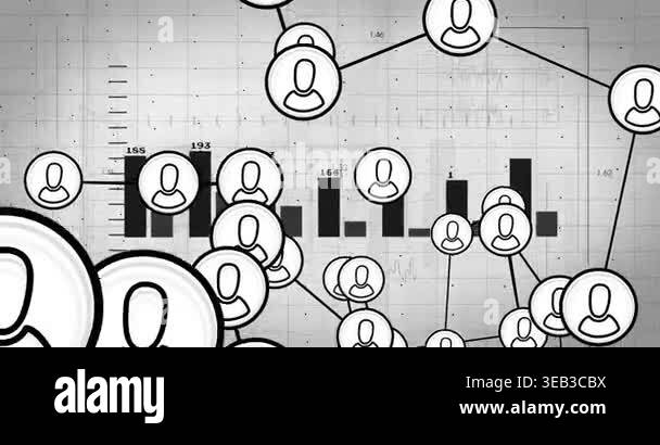 Network of user icons and data charts animation over financial graphs ...