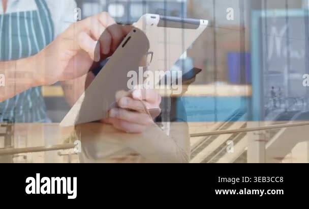 Animation of men using laptop over asian business women using ...