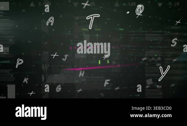 Animation of data processing and letters on black background. global ...