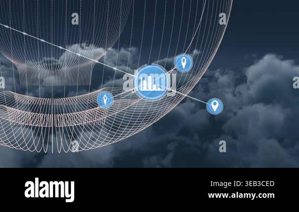 Animation of network of connections with icons over globe and clouds ...