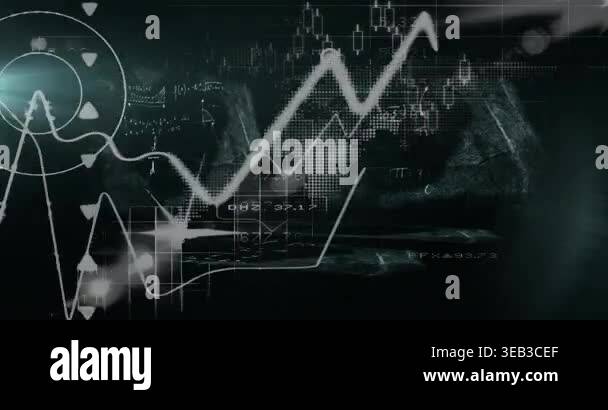 Animation of graphs, map and mathematical equation and diagrams against ...
