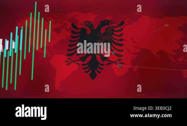 Bar chart animation over Albanian flag and world map background. Data ...