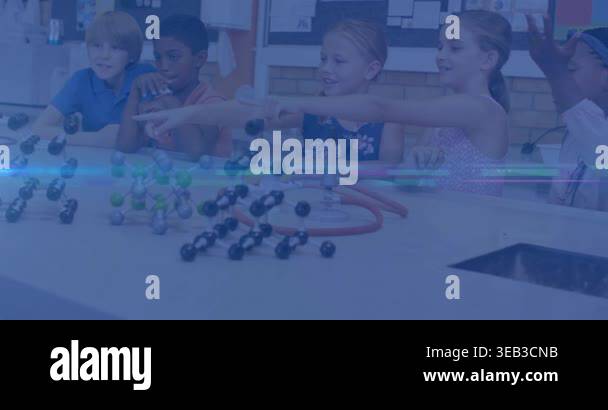 Animation of blue light spot moving over diverse students studying in ...