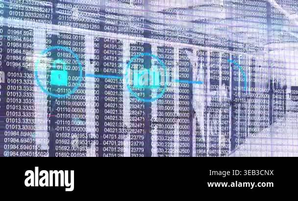 Binary coding and data processing over server room against red ...