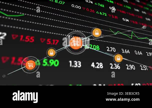Animation of connections over financial data and graphs on black ...