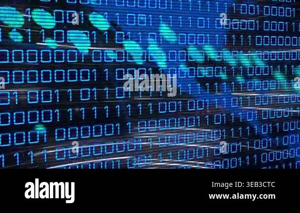 Animation of data processing and binary coding over world map. Global ...