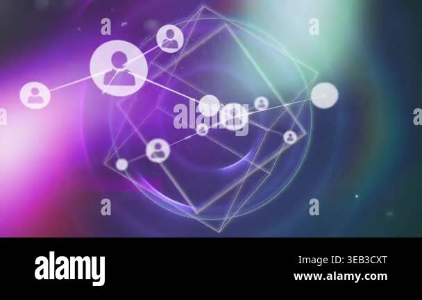 Animation of network of profile icons over abstract geometric shapes ...