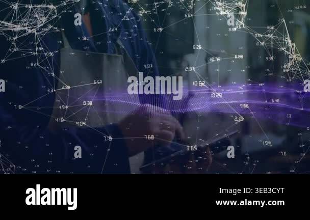 Animation of connections over caucasian man using tablet. science ...