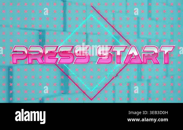 Animation of press start text over shapes and moving squares. Social ...