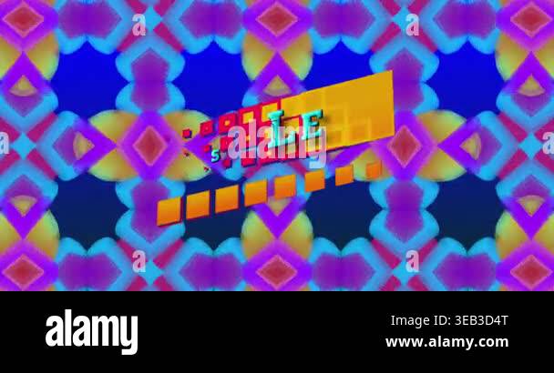 Animation of sale text on squares over abstract pattern over blue ...