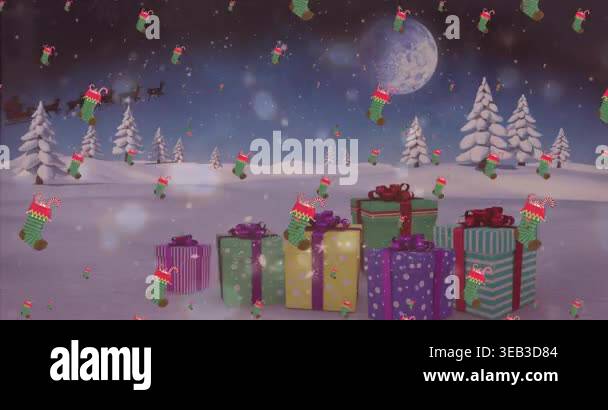 Animation of snow falling over christmas pattern and decorations ...