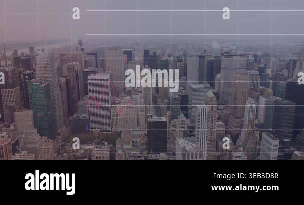 Animation of financial graphs and data over cityscape. global business ...