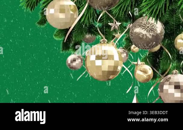 Animation of snow falling over hanging decorations on christmas tree ...