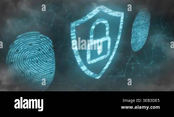 Animation of biometric fingerprint scanner and security padlock icon ...