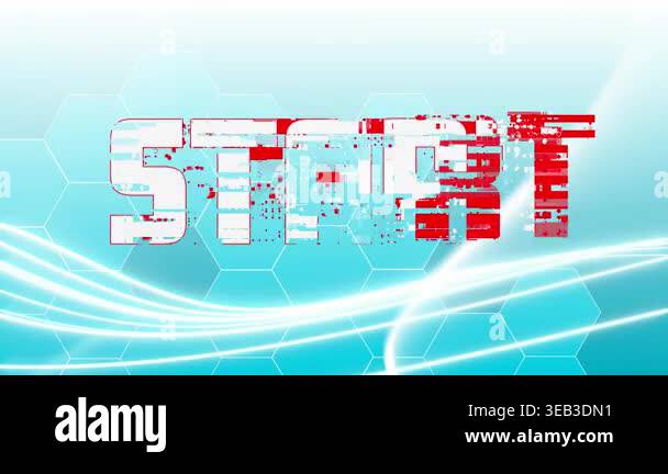 Animation of start text with wave pattern and hexagons over blue ...
