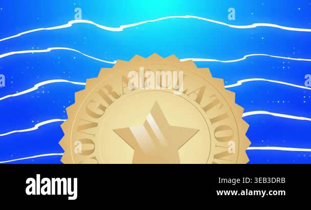 Animation of congratulations text on gold circle on patterned blue ...