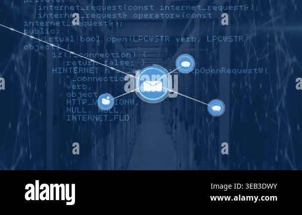 Animation of network of connections with icons over computer servers ...
