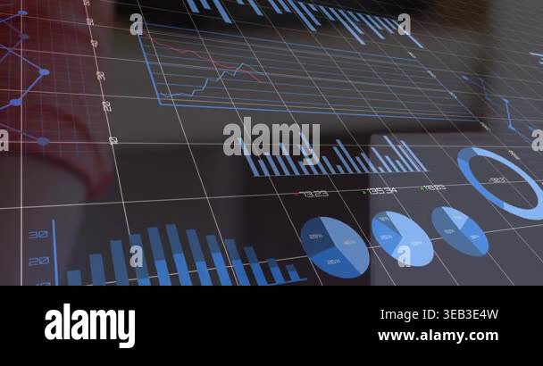 Animation of data processing with graph over diverse people paying with ...