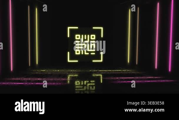 Animation of qr code over neon geometrical shapes. global data ...