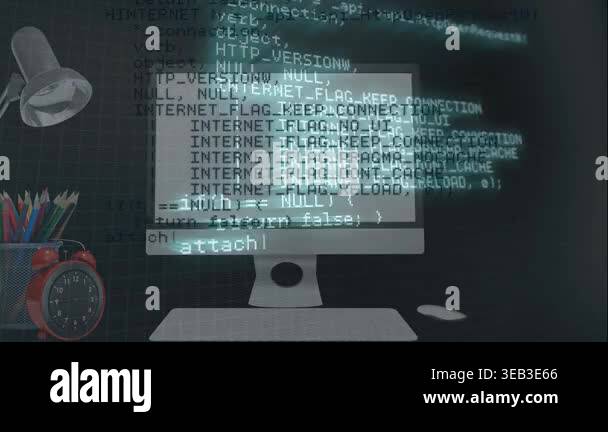 Animation of data processing over computer screen, lamp, crayons and ...