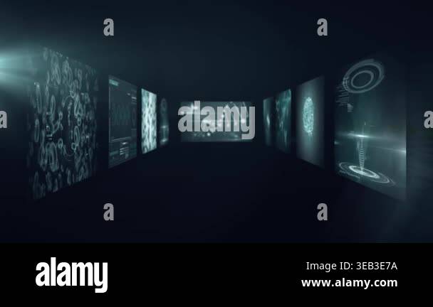 Animation of interface with data processing over beach digital screens ...