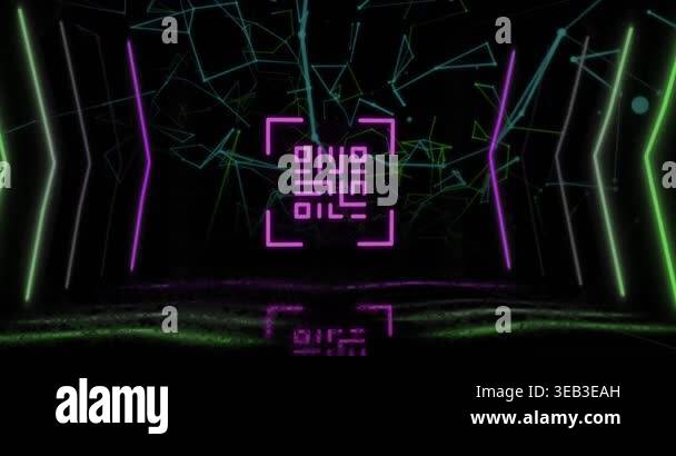 Animation of qr code over neon shapes and network of connections on ...