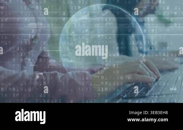 Business, call center, data processing and technology concept digitally ...