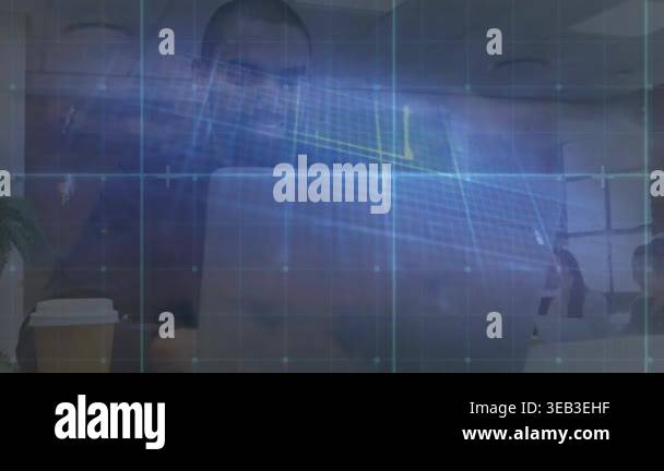 Animation of data processing over businessman using laptop. global ...