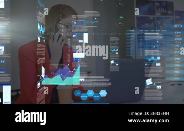 Animation of financial data processing over caucasian businesswoman ...