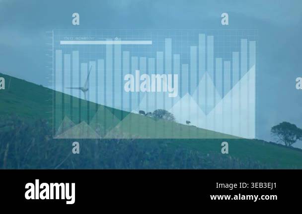 Animation of financial data processing over wind turbines. Global ...