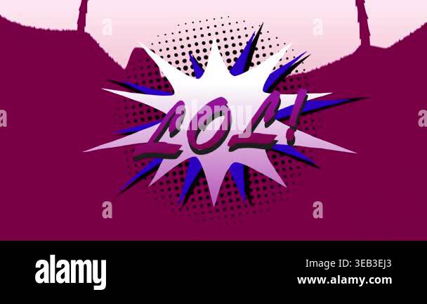 Animation of lol text over a retro speech bubble against palm trees and ...