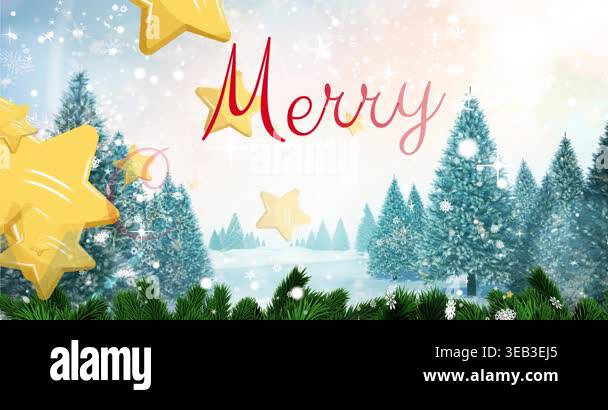 Animation of happy holidays text over winter scenery. Christmas ...