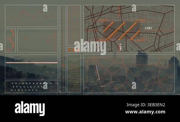 Animation of interface with data processing against aerial view of ...