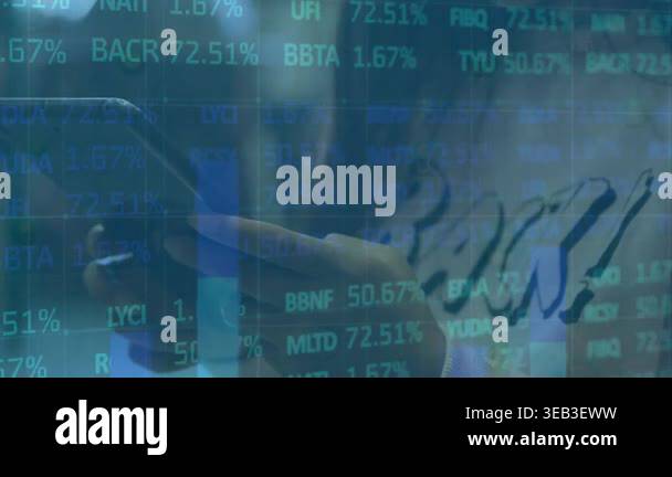 Animation of data processing over woman using tablet. Global business ...