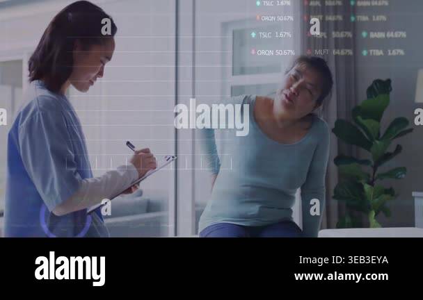 Patient pressing lumbar for diagnosis and nurse writing notes, animated ...