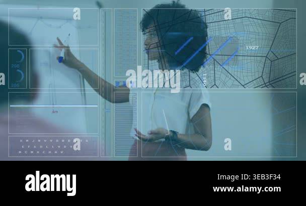 Animation of interface with data processing over african american woman ...