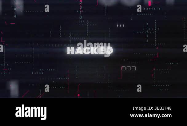 Hacked text animation over binary code and digital symbols on dark ...