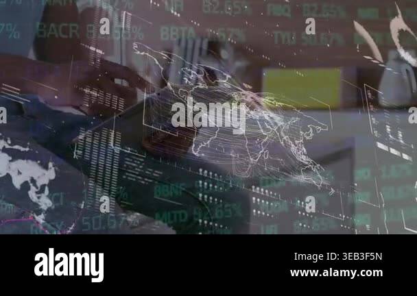 Animation of data processing over fit man running. Global finances ...