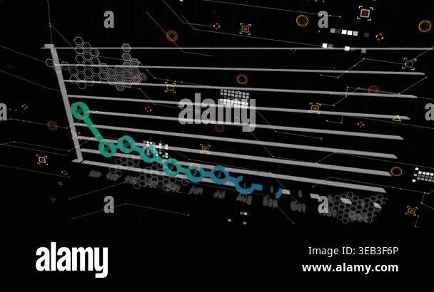 Animation of graphs and icons on black background. Finance, economy and ...