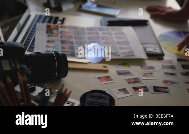 Animation of globe icon and light spot over mid section of graphic ...